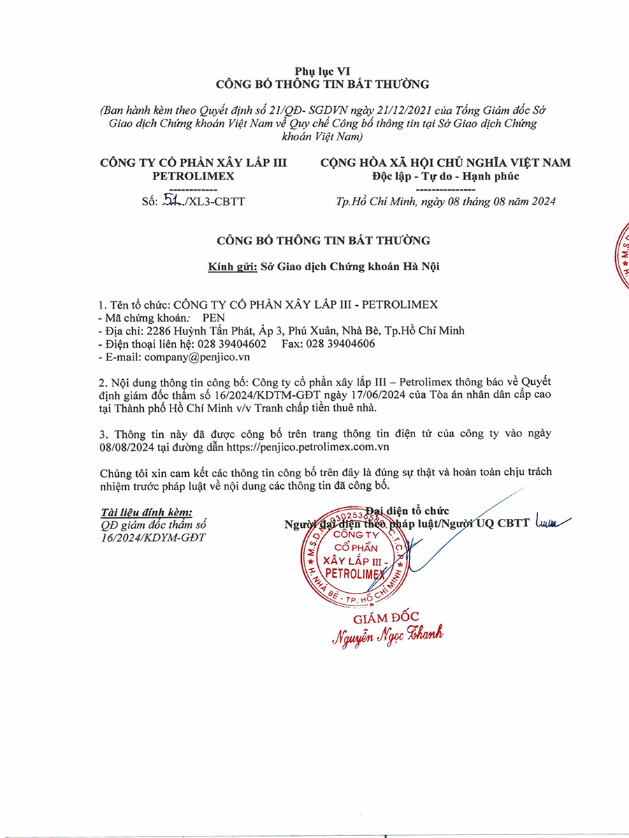 Cv đi Số 51 Xl3 Cbtt Ngày 08 08 2024 Công Bố Thông Tin Bất Thường Penjico